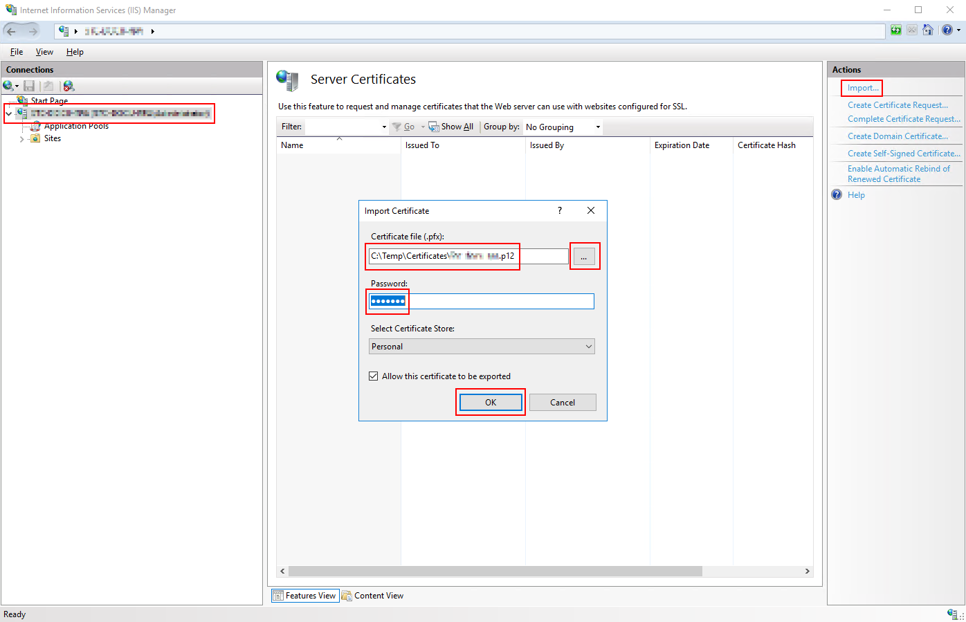 Importing the server certificate to the server home page - Secure communications - HTTPS ...